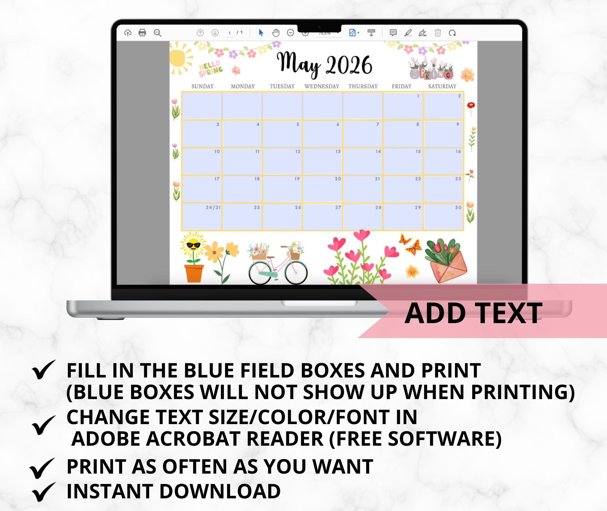 EDITABLE May 2026 Calendar, Printable Fillable Monthly Planner May ...