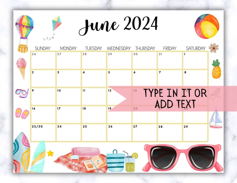 EDITABLE June 2024 Calendar, Printable Wall Calendar 2024, Cute ...