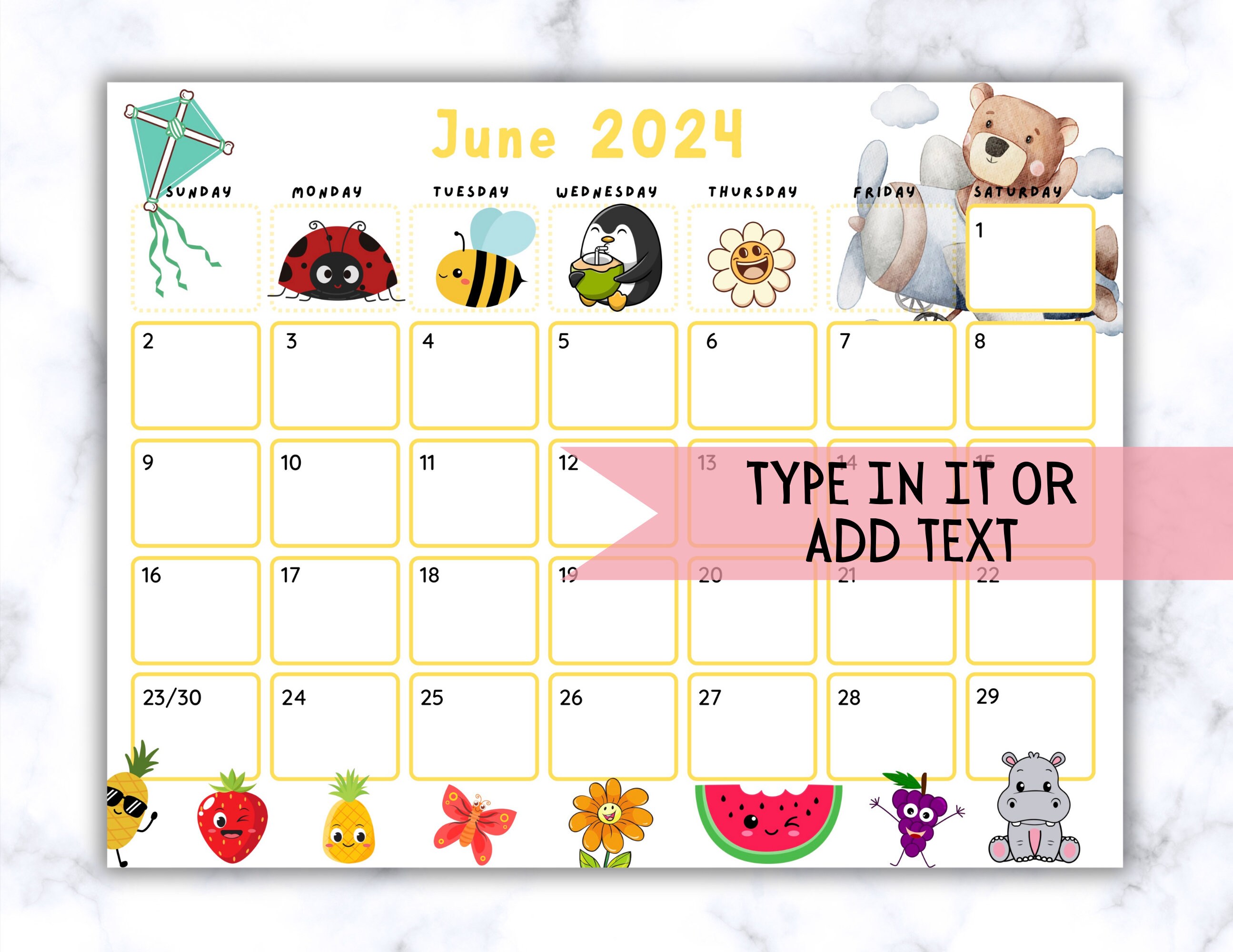 EDITABLE June 2024 Calendar Cute Printable Fillable Planner for Home ...