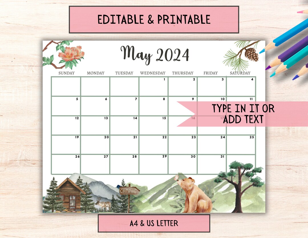 EDITABLE May 2024 Calendar, Hello Spring With Mountains, Printable ...