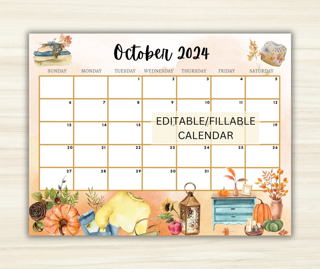 EDITABLE October 2024 Calendar, Printable Wall Calendar 2024, Cute ...