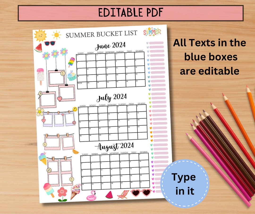 EDITABLE Summer Poster Calendar Fillable Printable Monthly Calendar for ...