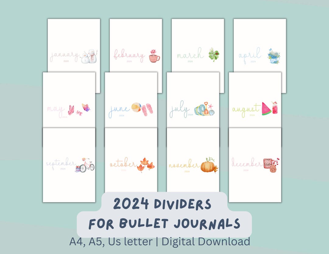 2024 Dividers Watercolor January to December for Ring Binders, Bullet ...
