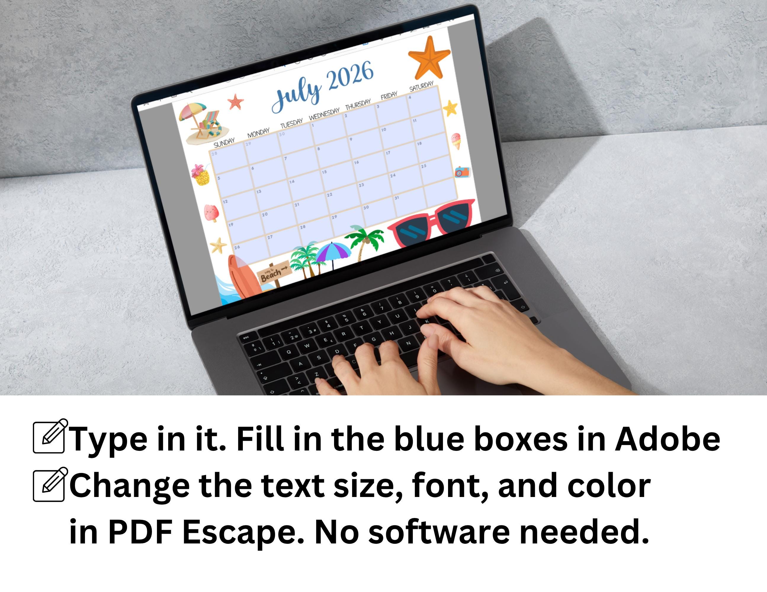 EDITABLE July 2026 Calendar, Printable Wall Calendar 2026, Summer ...