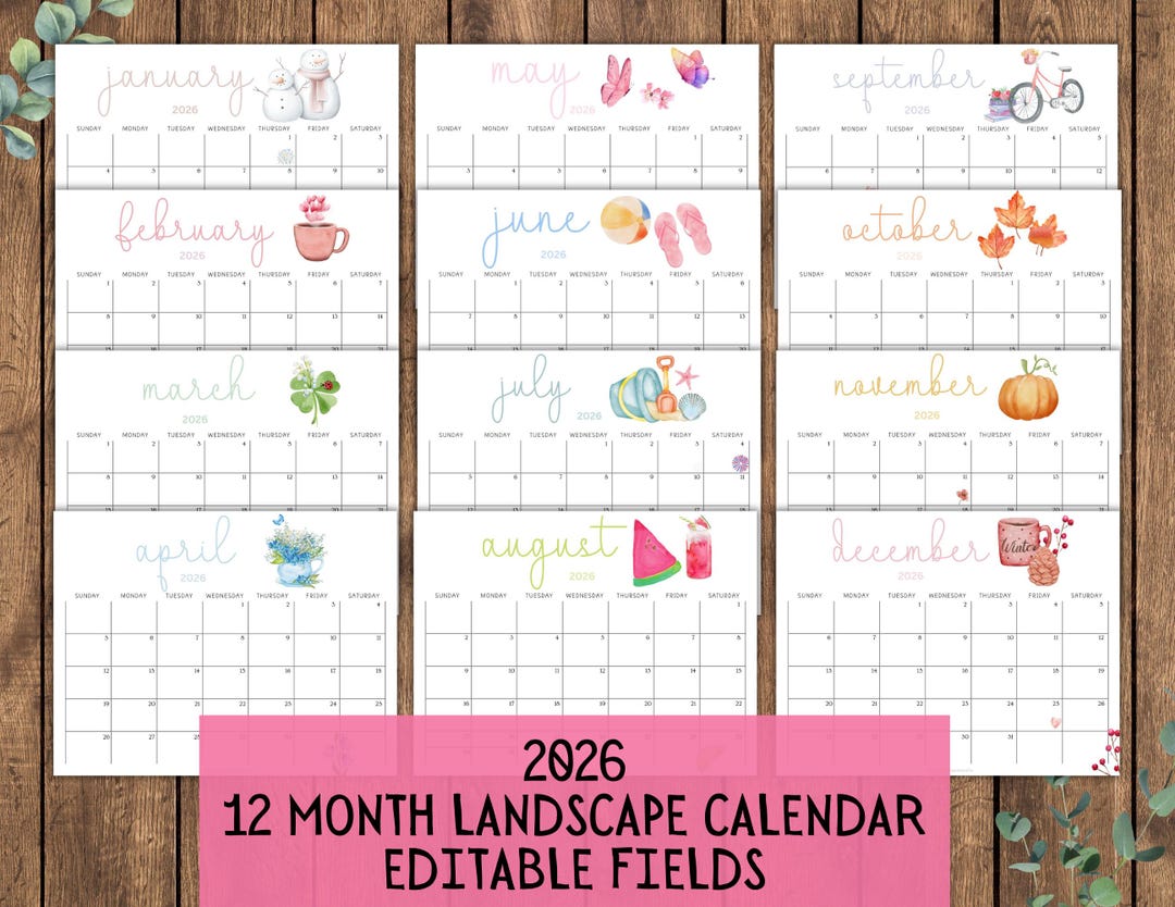 2026 EDITABLE Printable Watercolor Calendar,printable Fillable Monthly ...