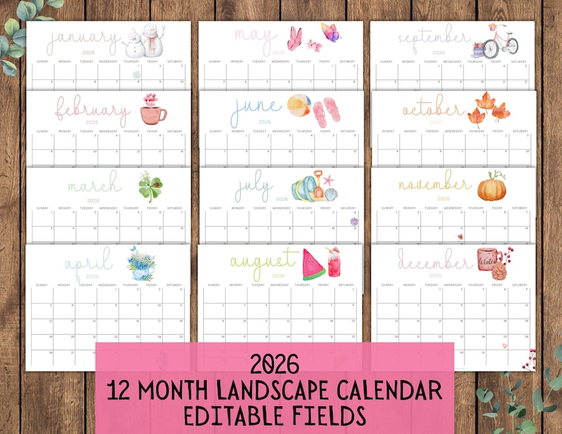 2026 EDITABLE Printable Watercolor Calendar,printable Fillable Monthly ...