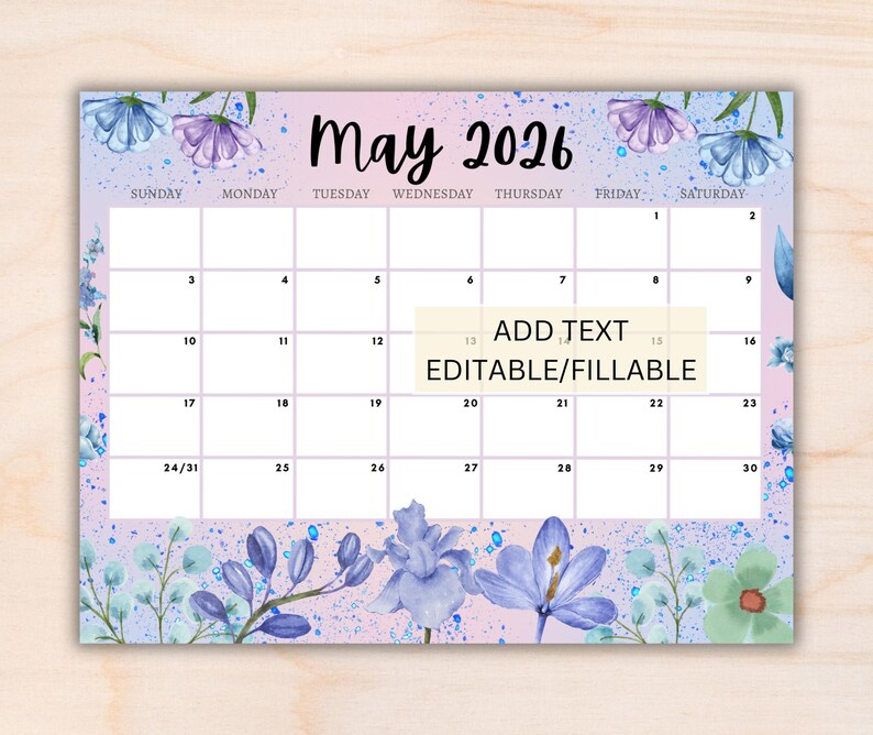 EDITABLE May 2026 Calendar, Printable Fillable Monthly Planner May ...