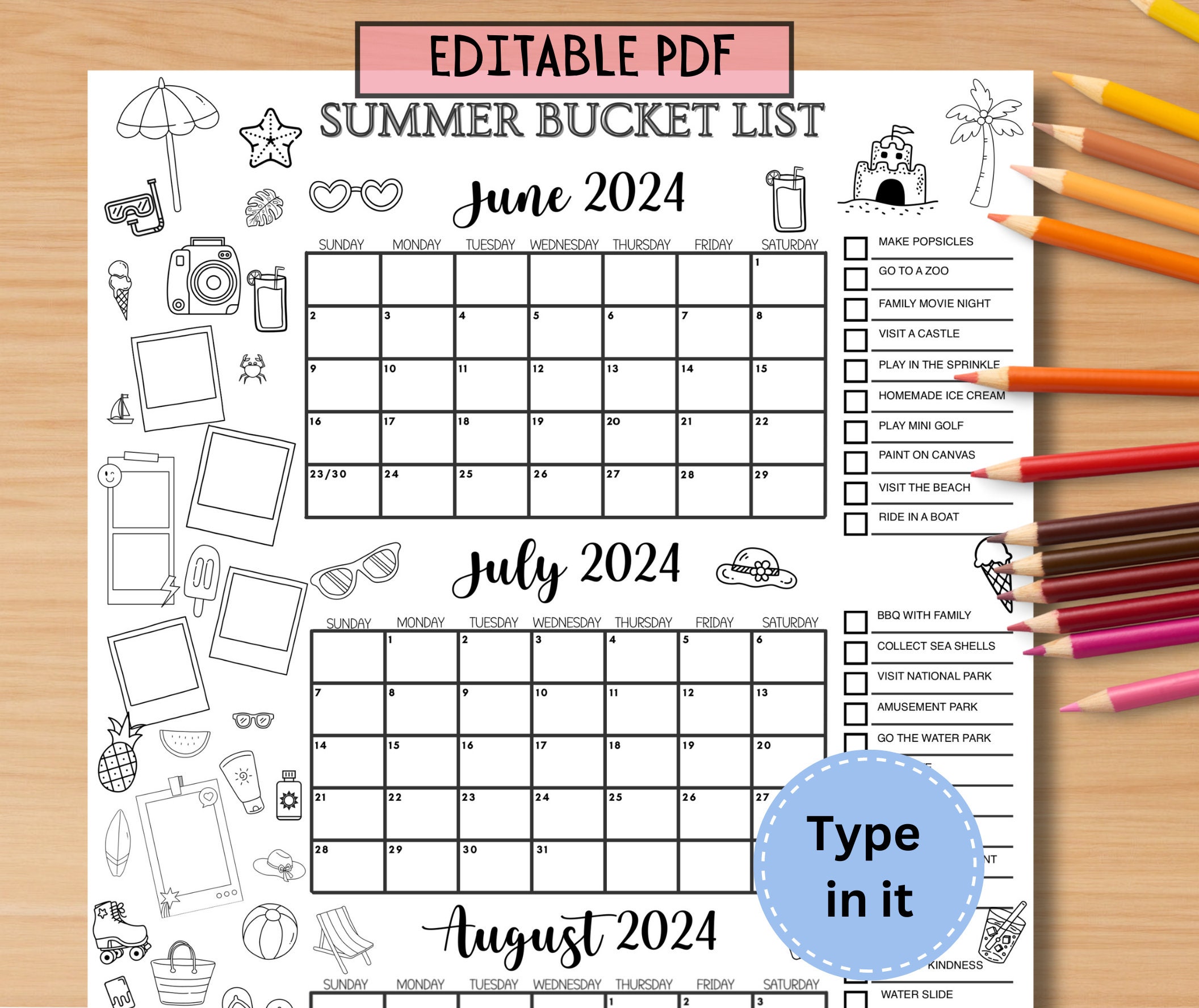 Editable Summer Calendar Poster, Printable Summer Activities Calendar ...