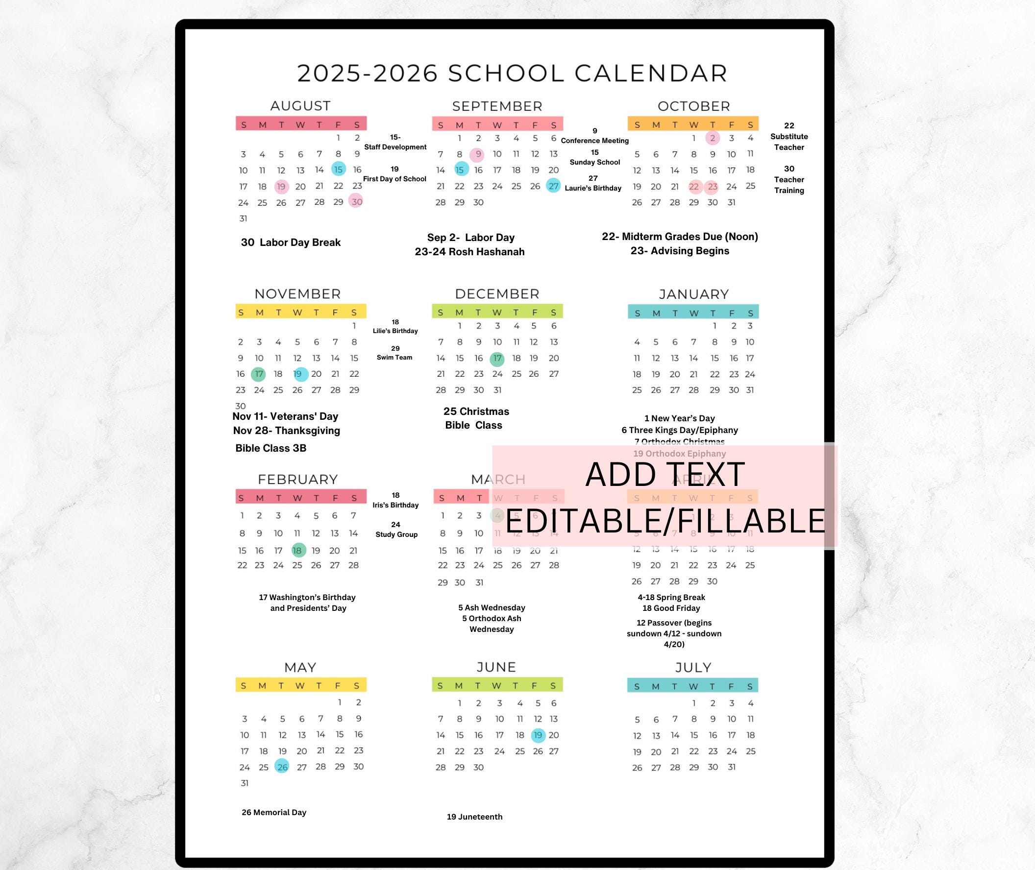 Editable School Year Calendar 2025-2026 School Calendar, Printable 2025 ...