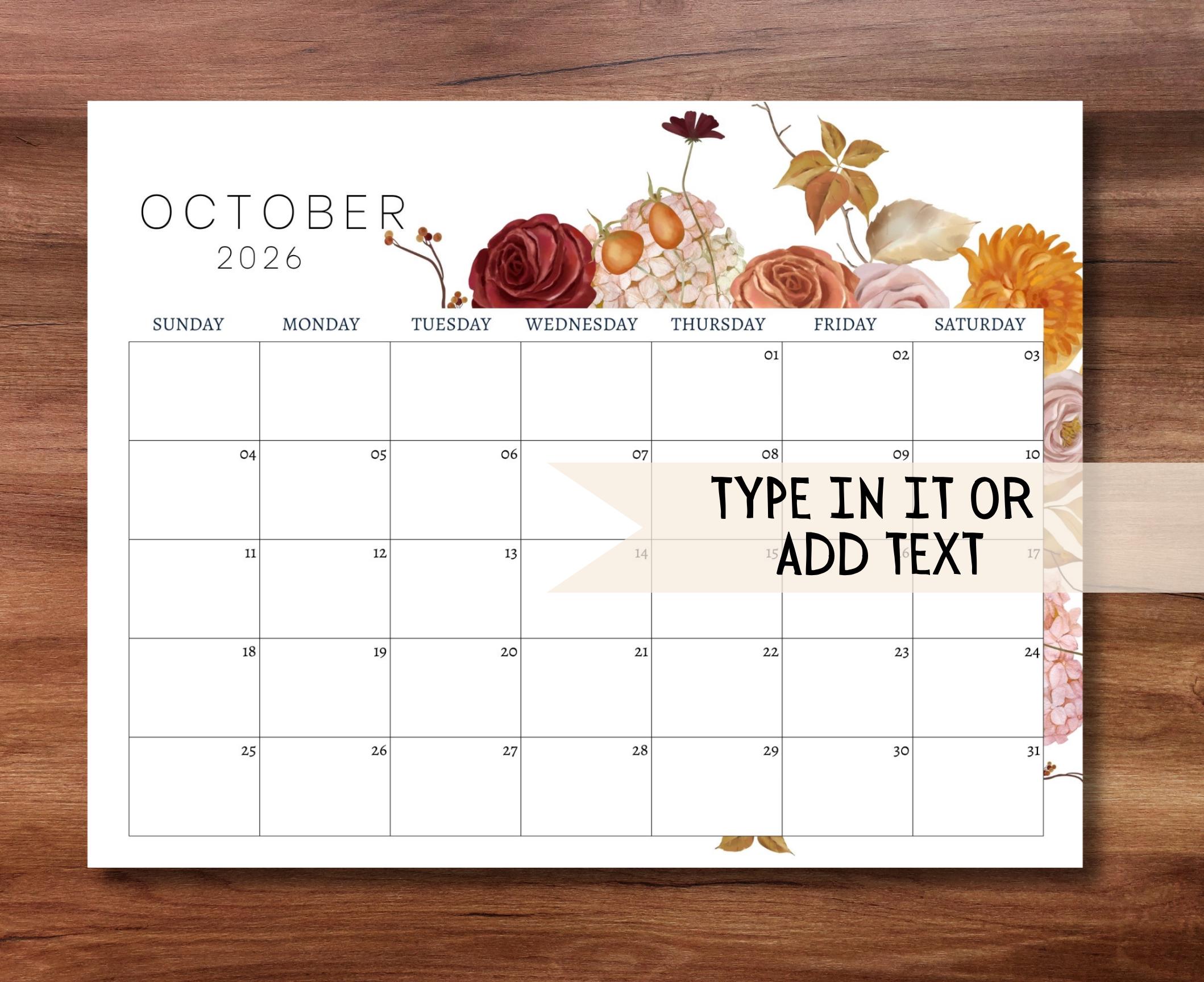 EDITABLE Floral Calendar 2026 Bundle, Editable PDF Calendar, Watercolor ...