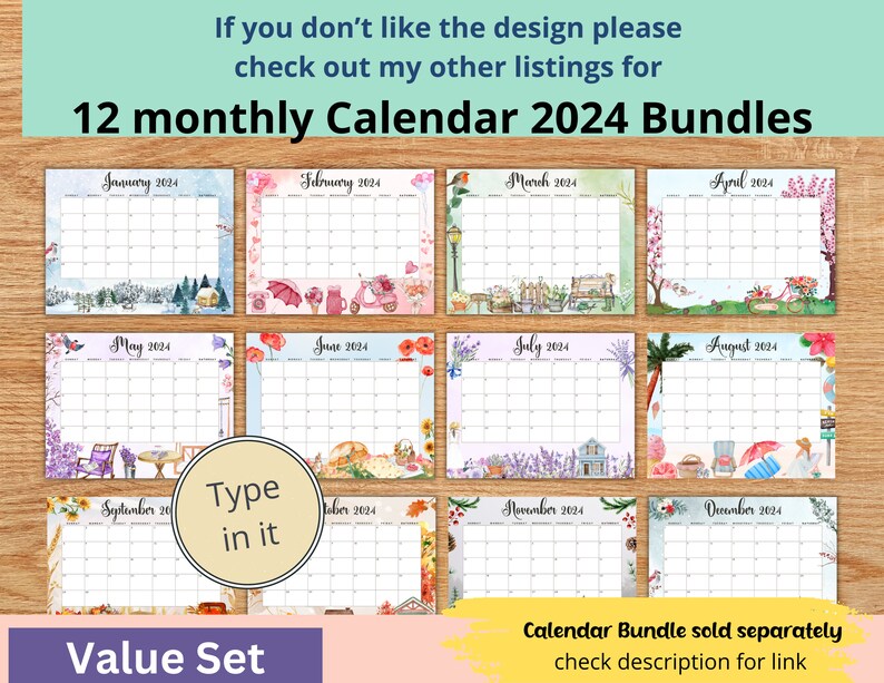EDITABLE Monthly Calendar 2024 Bundle, Cute Editable 2024 PDF Calendar ...