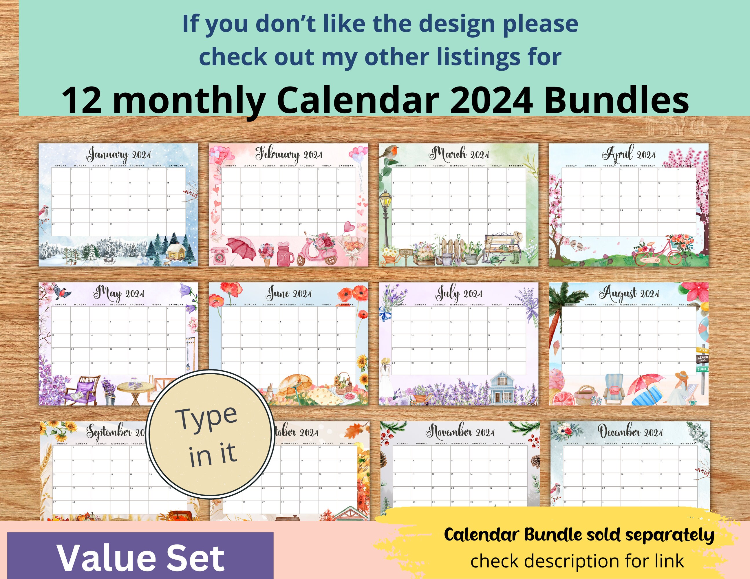 EDITABLE Monthly Calendar 2024 Bundle, Cute Editable 2024 PDF Calendar ...