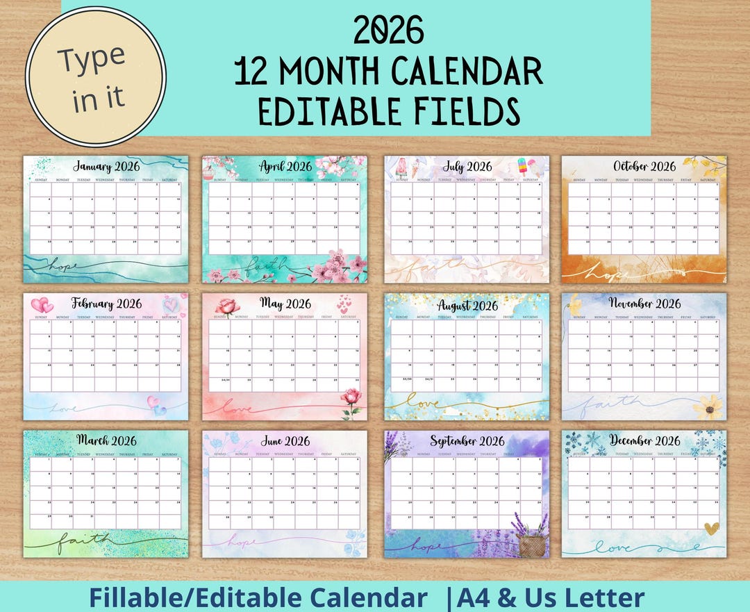EDITABLE Monthly Calendar 2026 Bundle, Printable Fillable 2026 Calendar ...