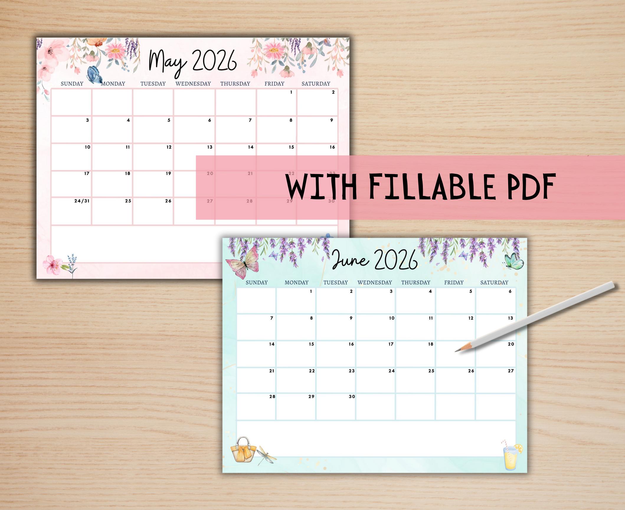 2026 EDITABLE Printable Watercolor Calendar, Printable Fillable Monthly ...