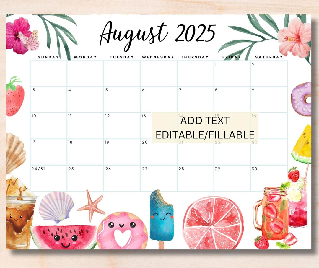 EDITABLE August 2025 Calendar, Printable Fillable August Calendar W ...