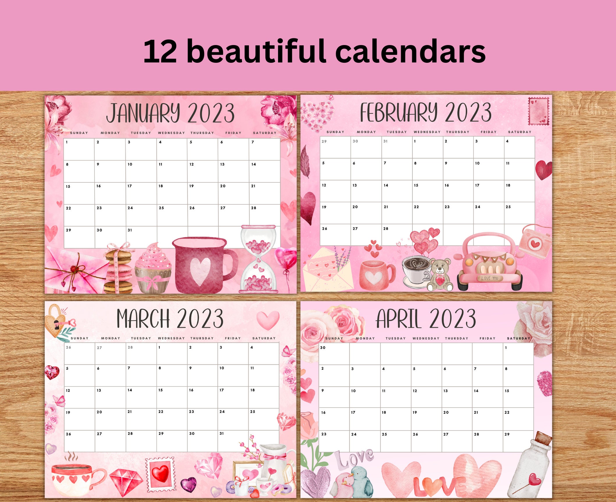 EDITABLE Monthly Calendar 2023 Bundle in Pink Whole Year 2023 - Etsy