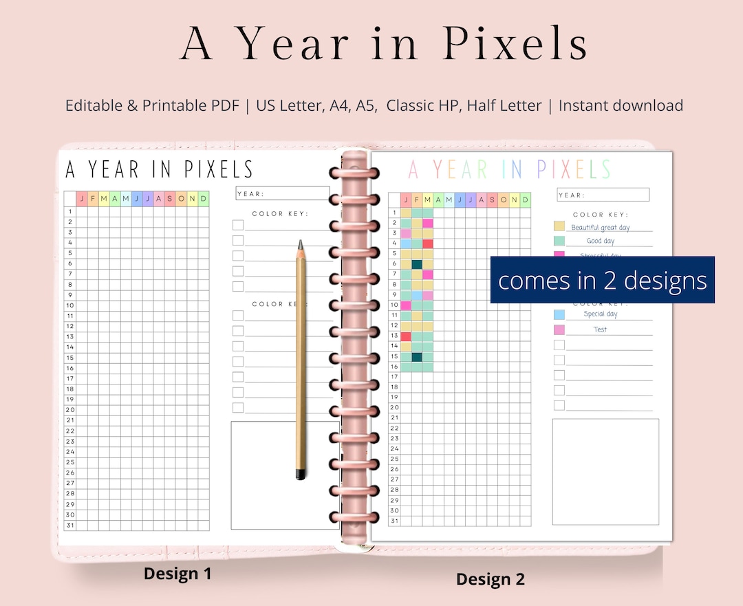 A Year in Pixels Editable & Printable PDF | Yearly Mood Tracker ...