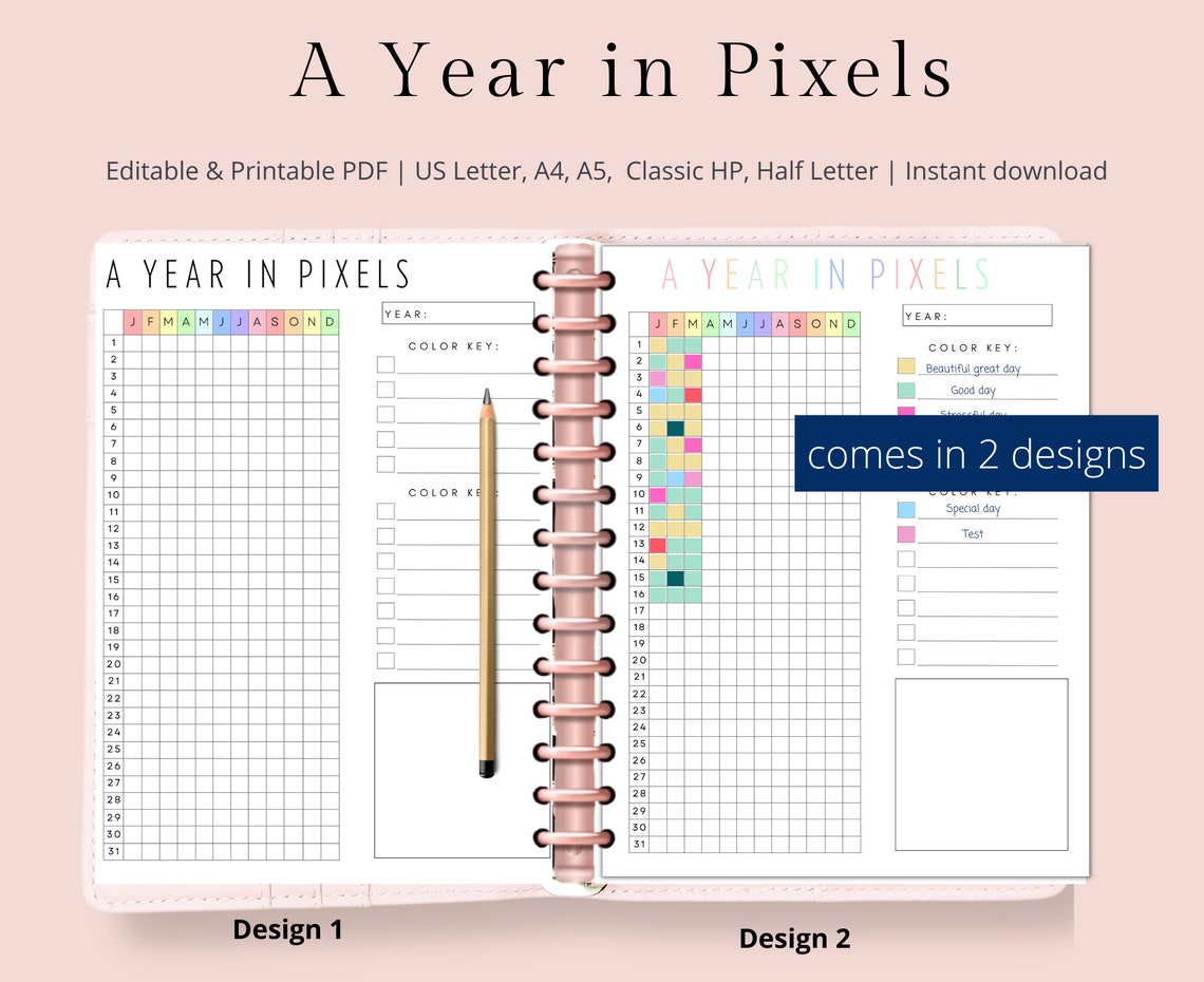 A Year in Pixels Editable & Printable PDF Yearly Mood Tracker Progress ...