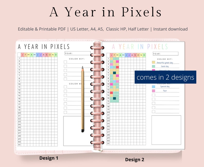 A Year in Pixels Editable & Printable PDF | Yearly Mood Tracker ...