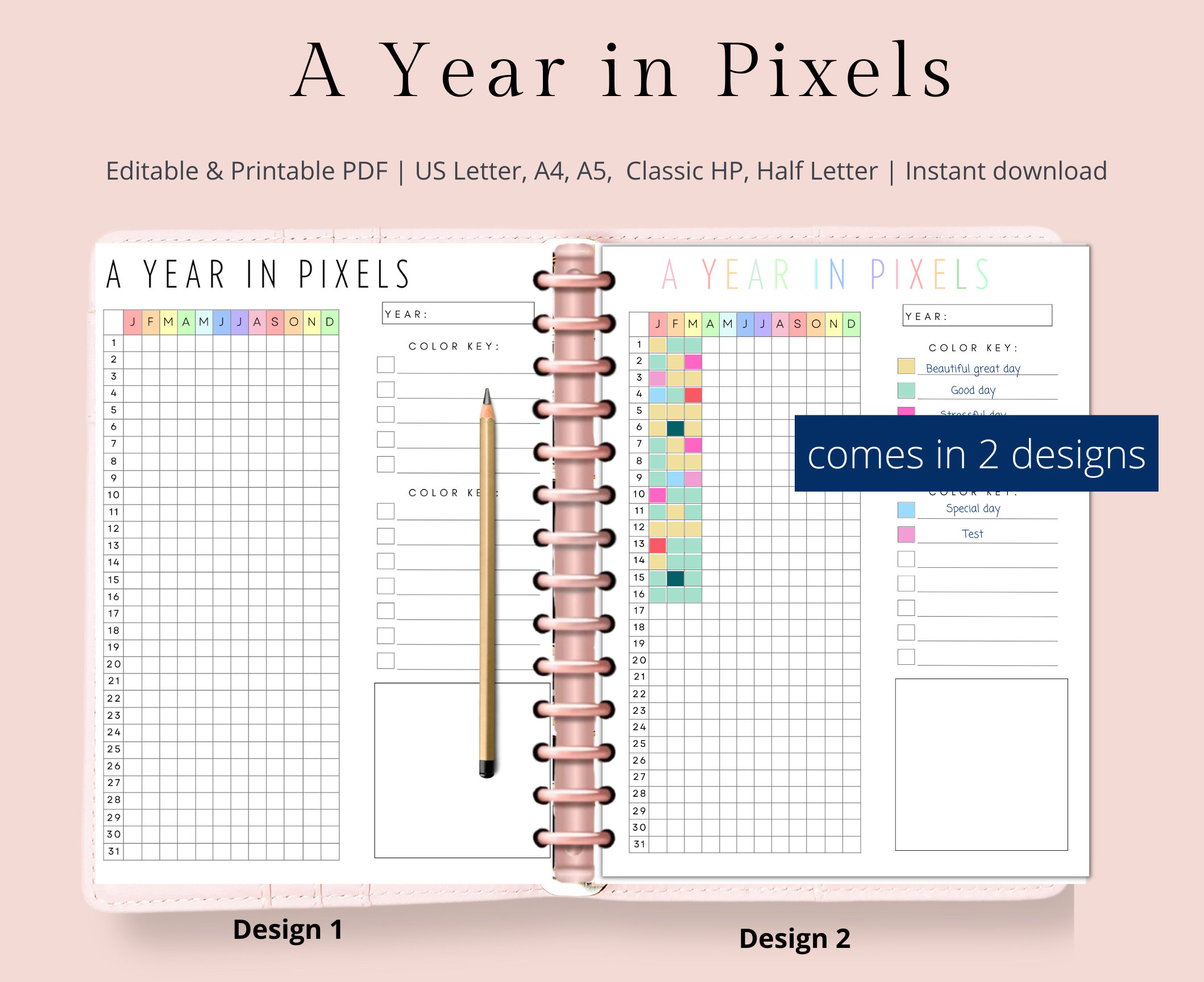 A Year in Pixels Editable & Printable PDF Yearly Mood Tracker Progress ...