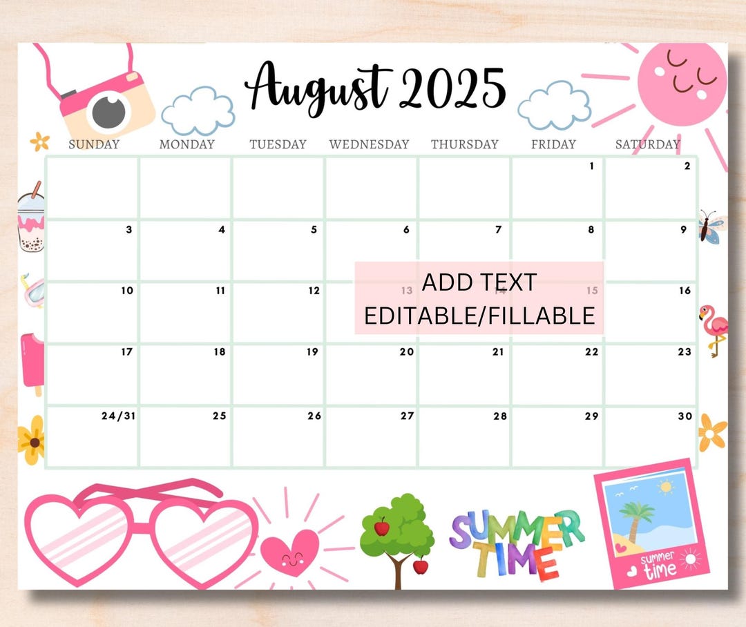 EDITABLE August 2025 Calendar, Printable Wall Calendar 2025, Cute ...