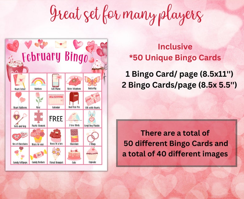 PRINTABLE February Bingo Game With 50 Unique Bingo Cards, Bing Game ...