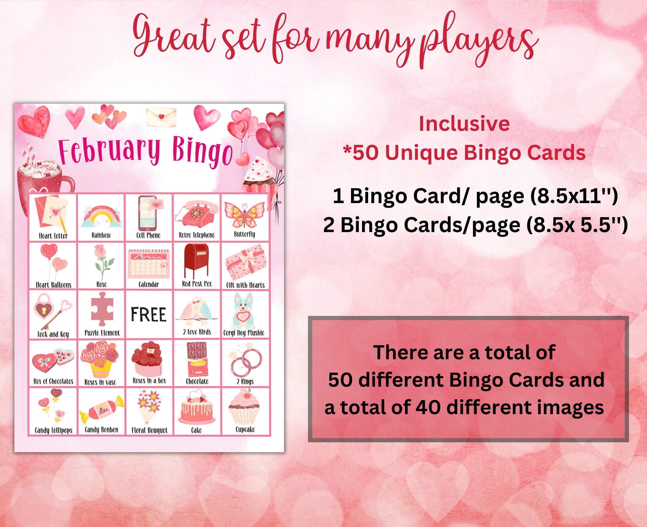 PRINTABLE February Bingo Game With 50 Unique Bingo Cards, Bing Game ...