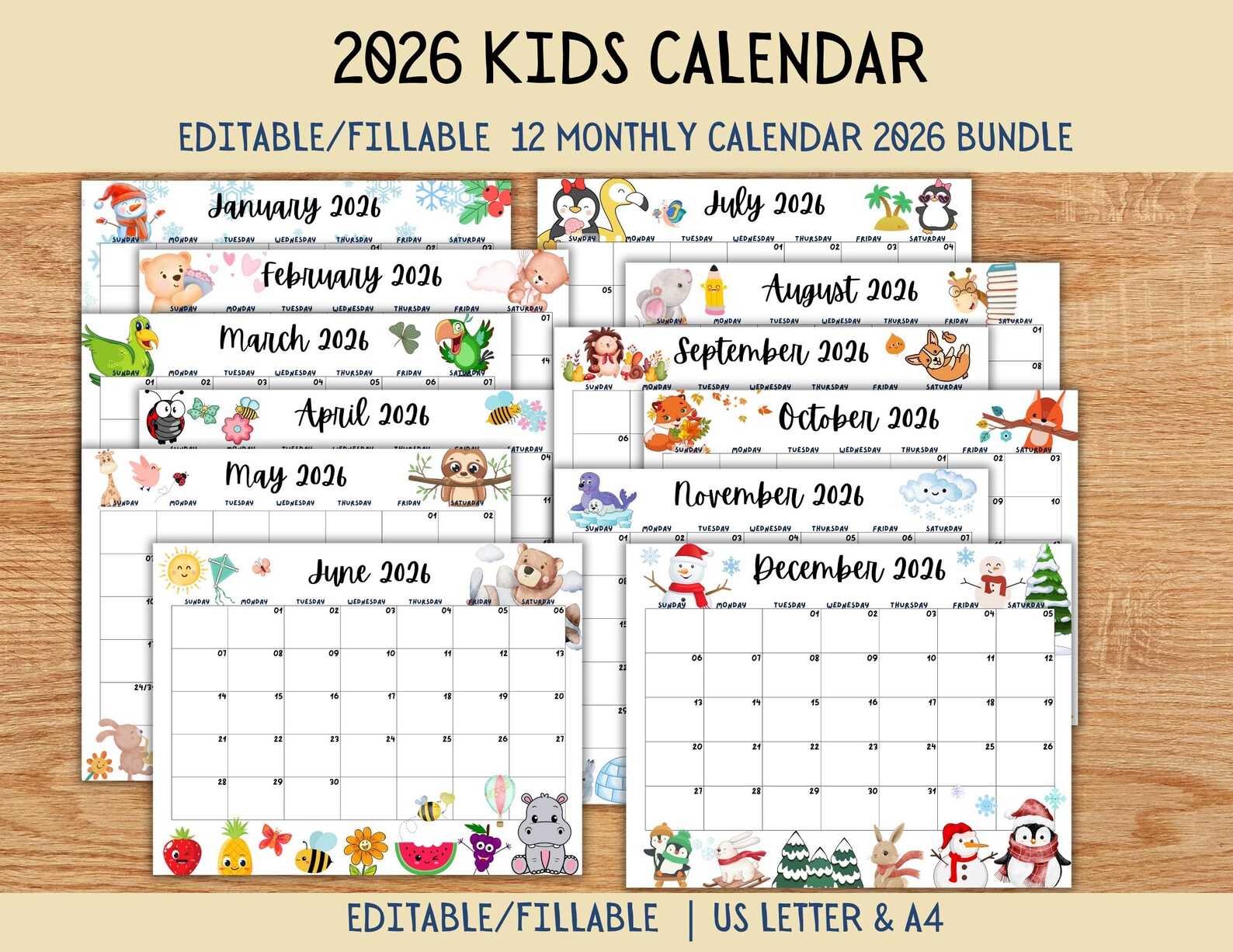 EDITABLE Monthly Calendar 2026 Bundle, Cute Whole Year 2026 Calendar ...