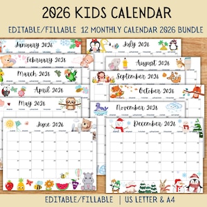 EDITABLE Monthly Calendar 2026 Bundle, Cute Whole Year 2026 Calendar ...