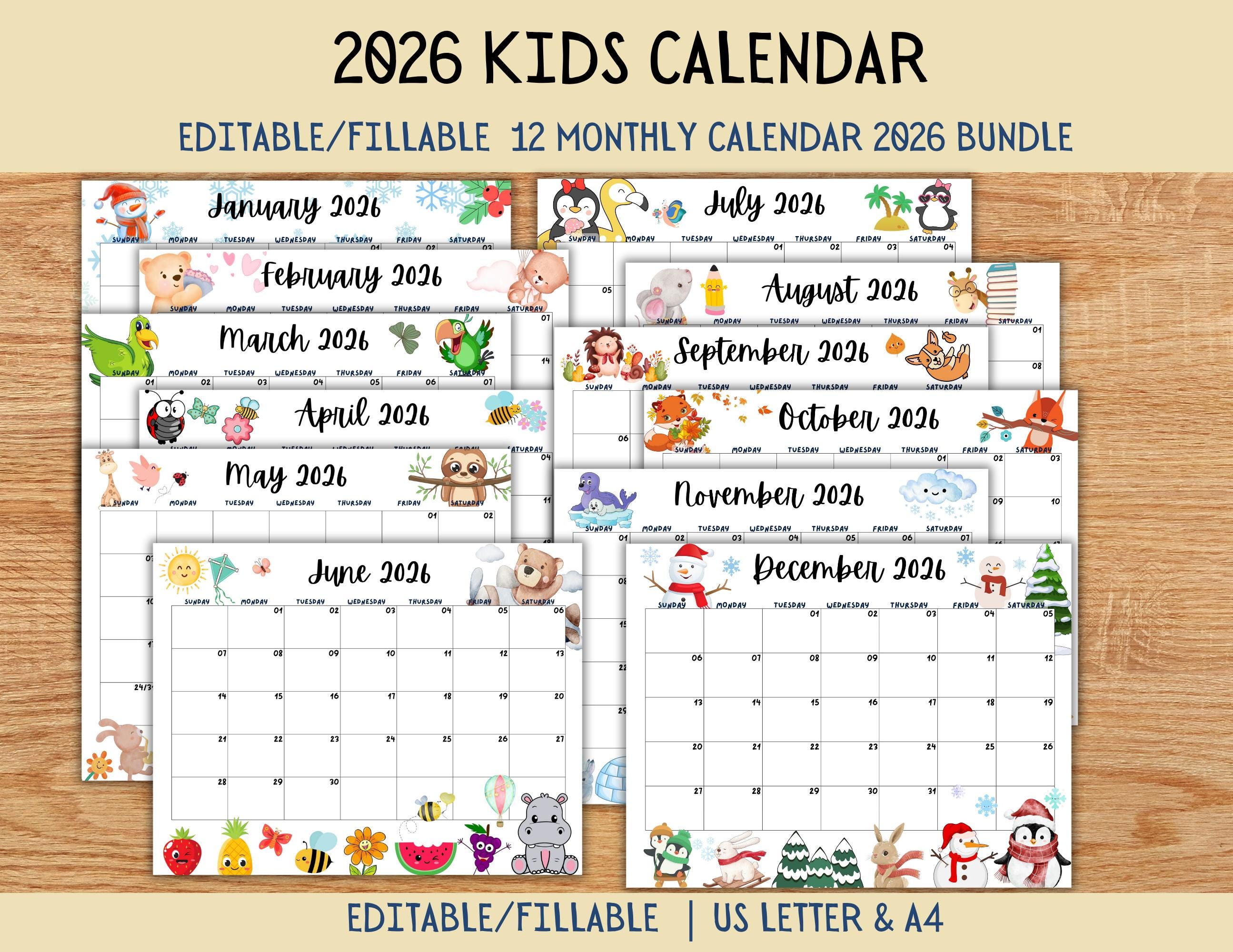 EDITABLE Monthly Calendar 2026 Bundle, Cute Whole Year 2026 Calendar ...