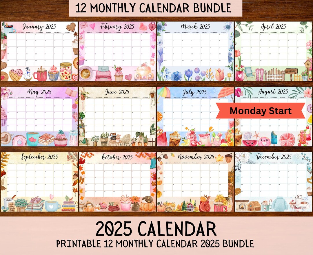 2025 Printable Watercolor Calendar With Monday Start, Printable Monthly ...
