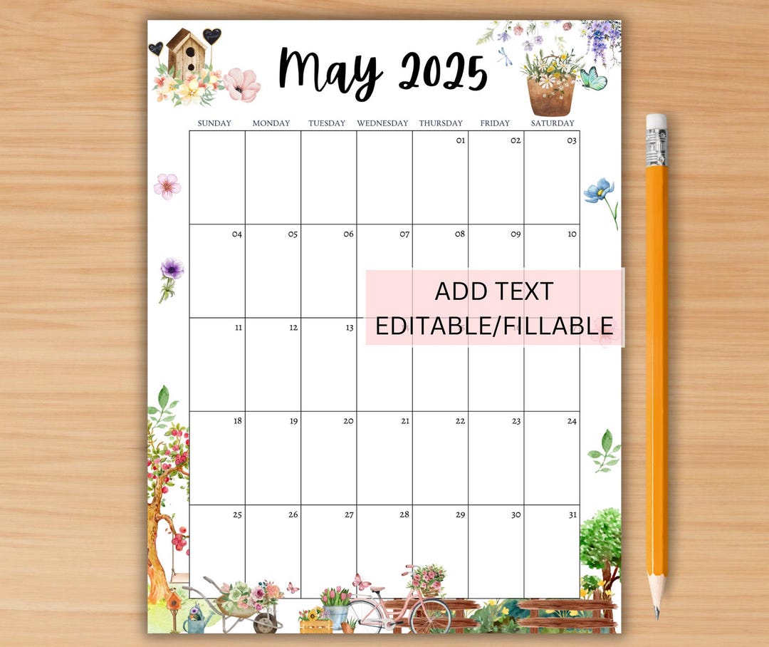 EDITABLE May 2025 Calendar, Printable Monthly Calendar for May, Spring ...