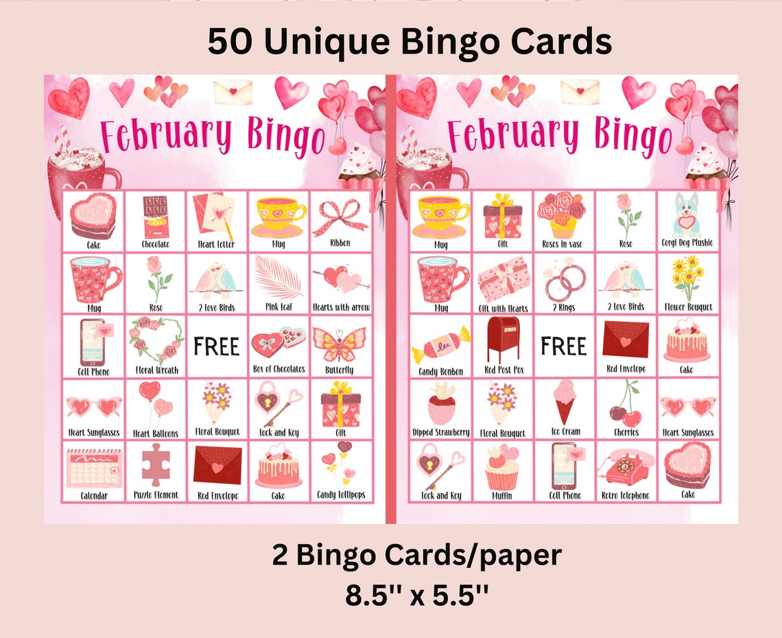 PRINTABLE February Bingo Game With 50 Unique Bingo Cards, Bing Game ...