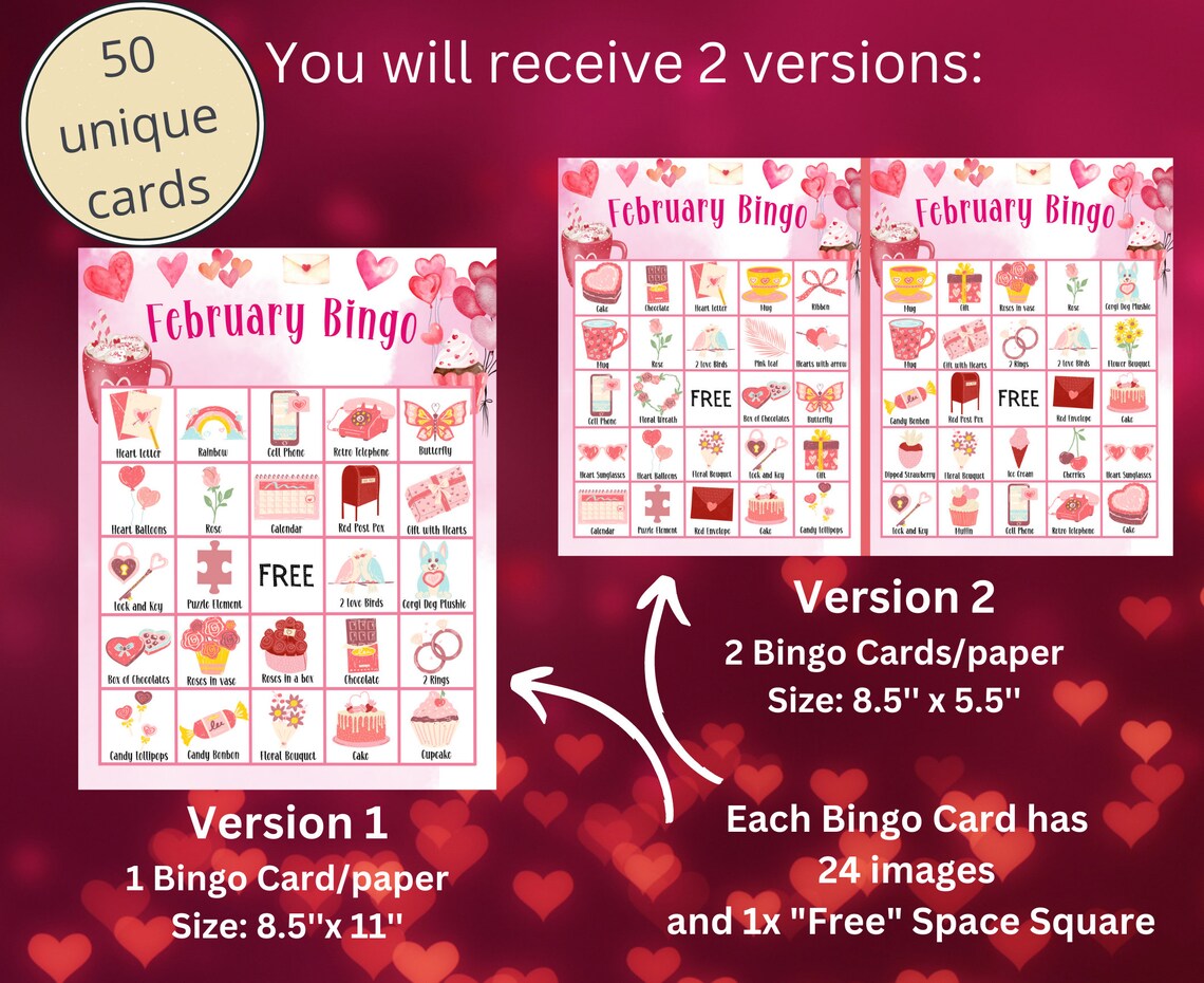 PRINTABLE February Bingo Game With 50 Unique Bingo Cards, Bing Game ...