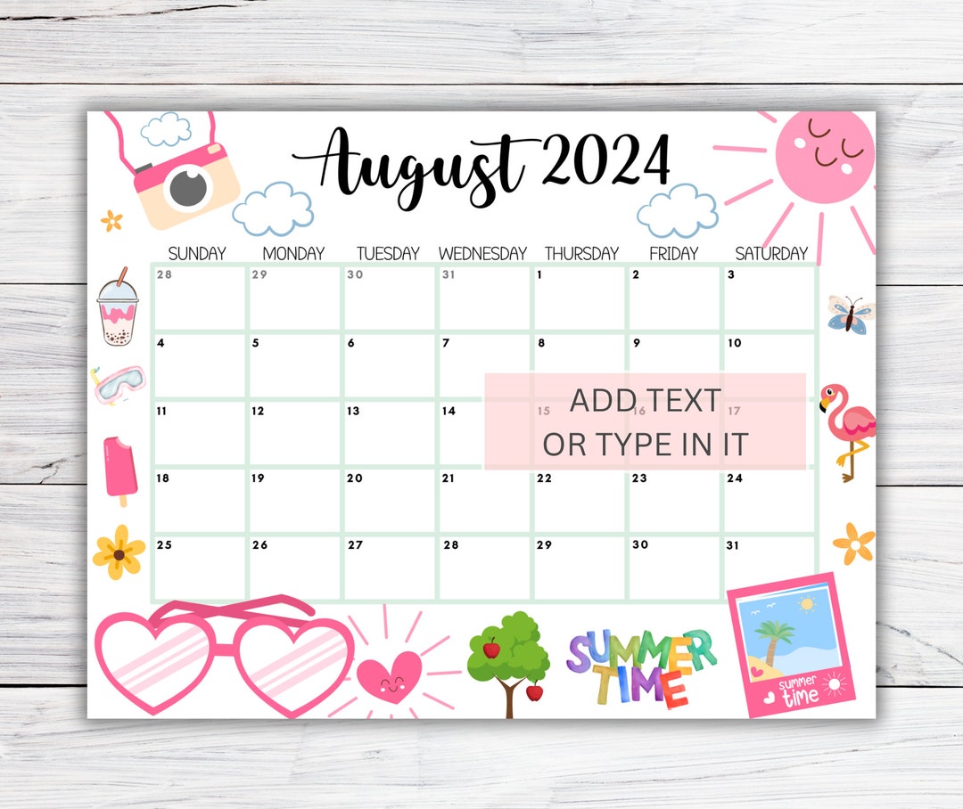EDITABLE August 2024 Calendar, Printable Wall Calendar 2024, Cute ...