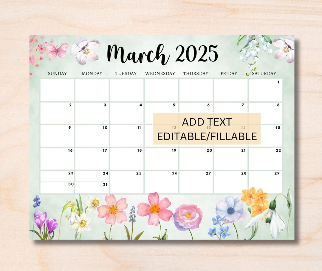 Editable March 2025 Calendar, Printable March Calendar W/ Flowers ...