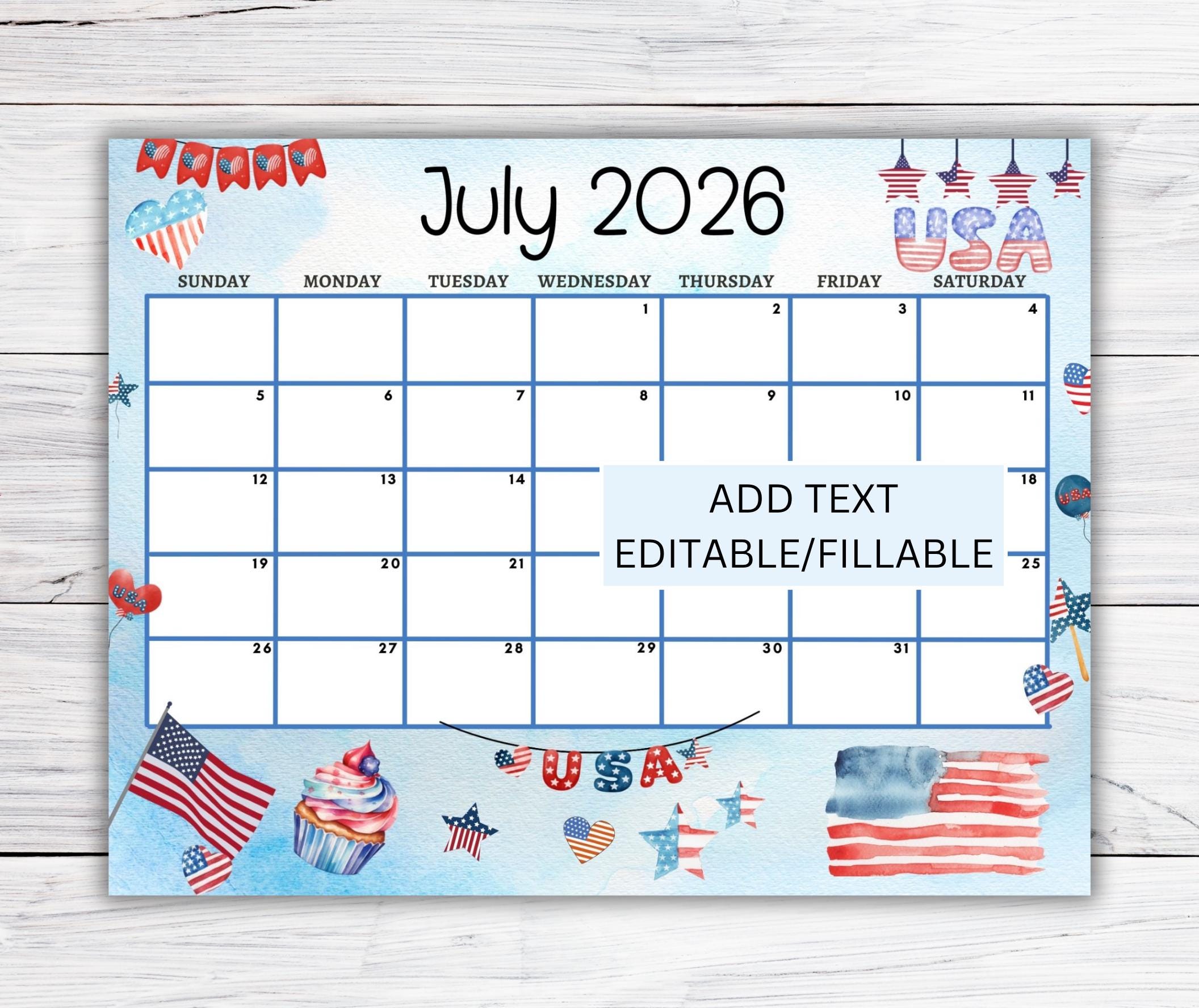 EDITABLE July 2026 Calendar, Monthly Planner Printable PDF, Classroom ...