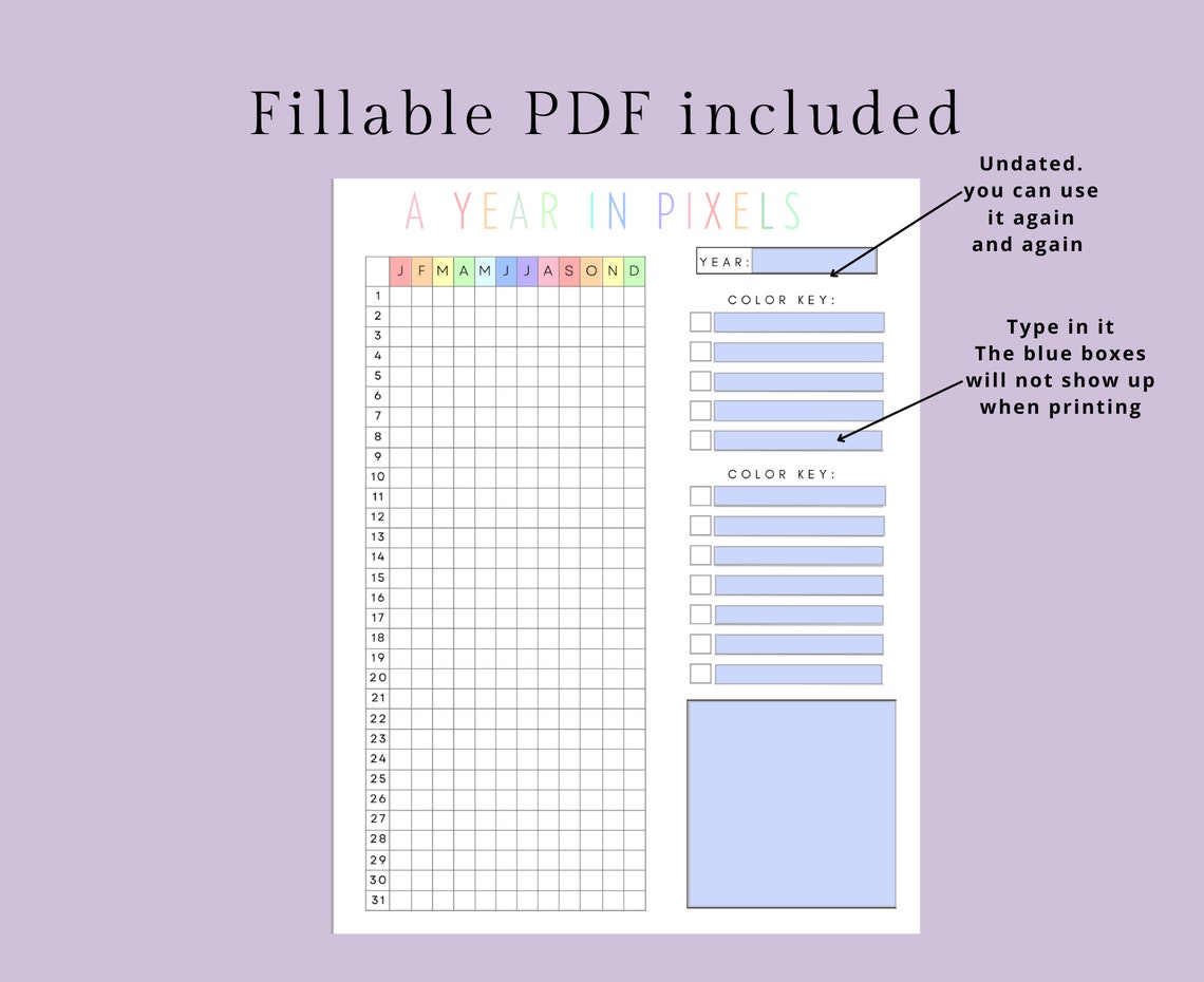 A Year in Pixels Editable & Printable PDF Yearly Mood Tracker Progress ...
