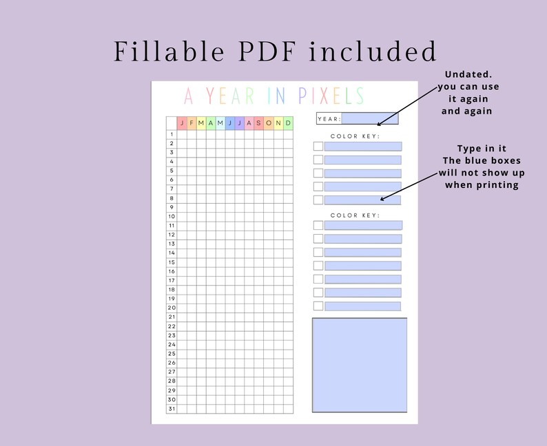 A Year in Pixels Editable & Printable PDF | Yearly Mood Tracker ...