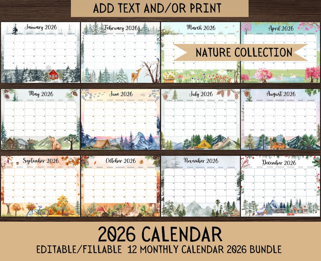 EDITABLE Monthly Calendar 2026 Bundle, Printable Fillable Monthly ...