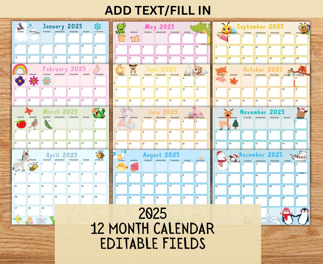 EDITABLE Monthly Calendar 2025 Bundle Pack, Wall Calendar 2025 for Kids ...