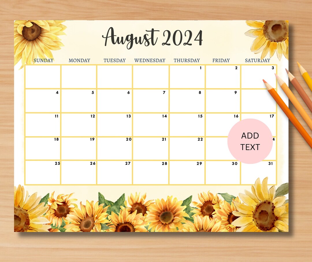 Calendario EDITABLE de agosto de 2024, Calendario de pared imprimible ...