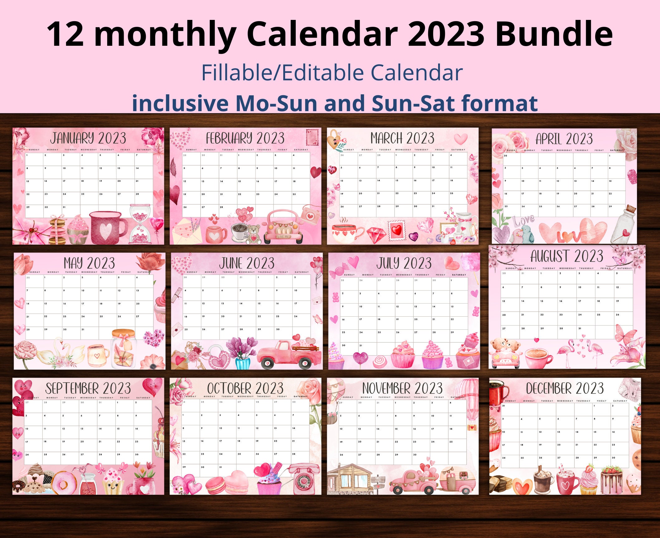 EDITABLE Monthly Calendar 2023 Bundle in Pink Whole Year 2023 - Etsy