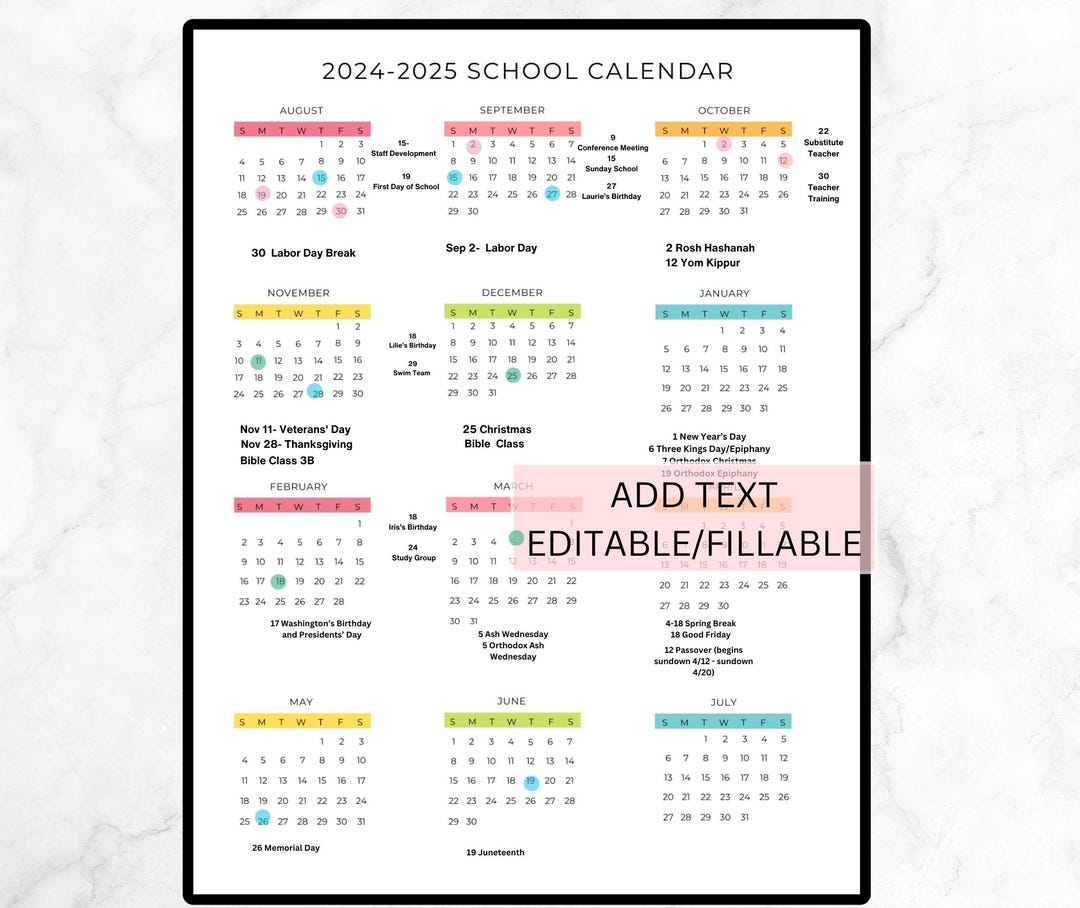Calendario escolar editable 2024-2025, calendario escolar imprimible de ...