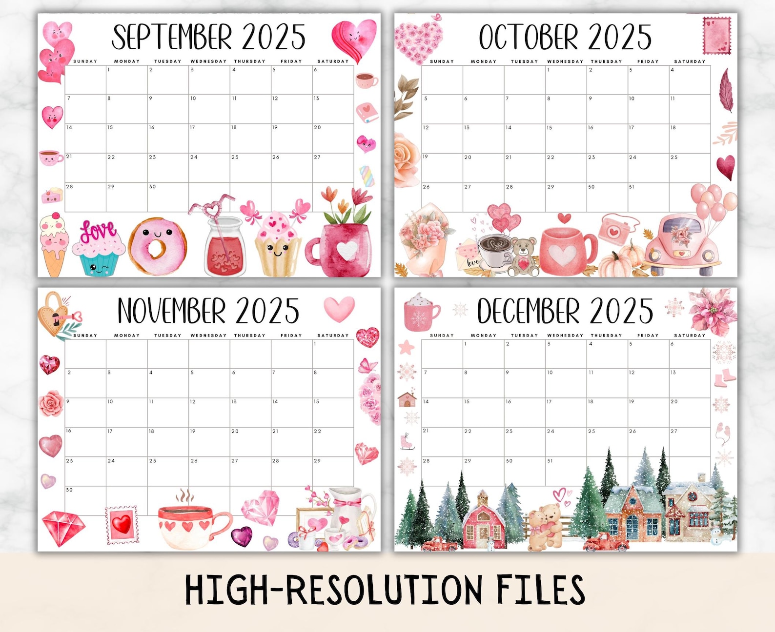 EDITABLE Wall Calendar 2025 Bundle, Pink Calendar W/ Love Hearts Sweets ...