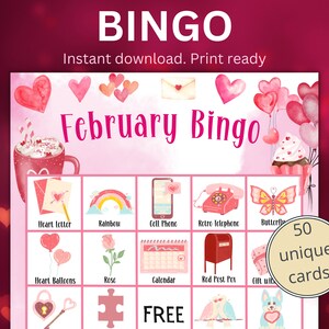 PRINTABLE February Bingo Game With 50 Unique Bingo Cards, Bing Game ...