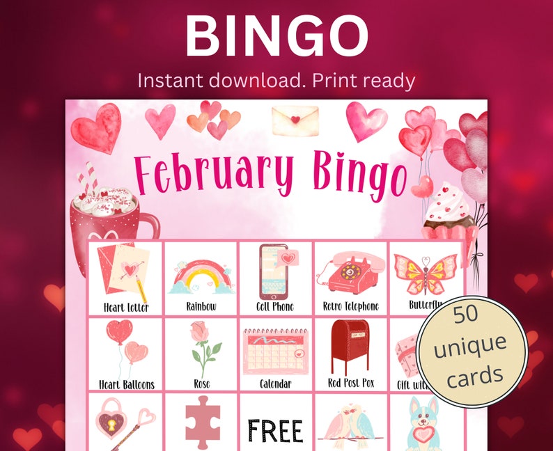 PRINTABLE February Bingo Game With 50 Unique Bingo Cards, Bing Game ...