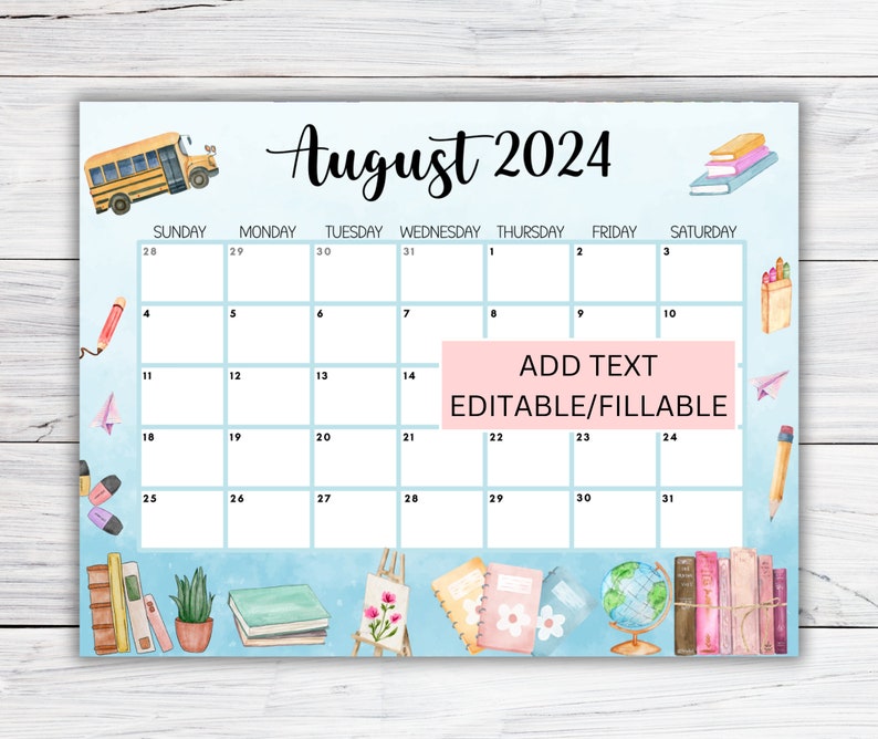 EDITABLE August 2024 Calendar, Printable Monthly Calendar 2024, Back to ...