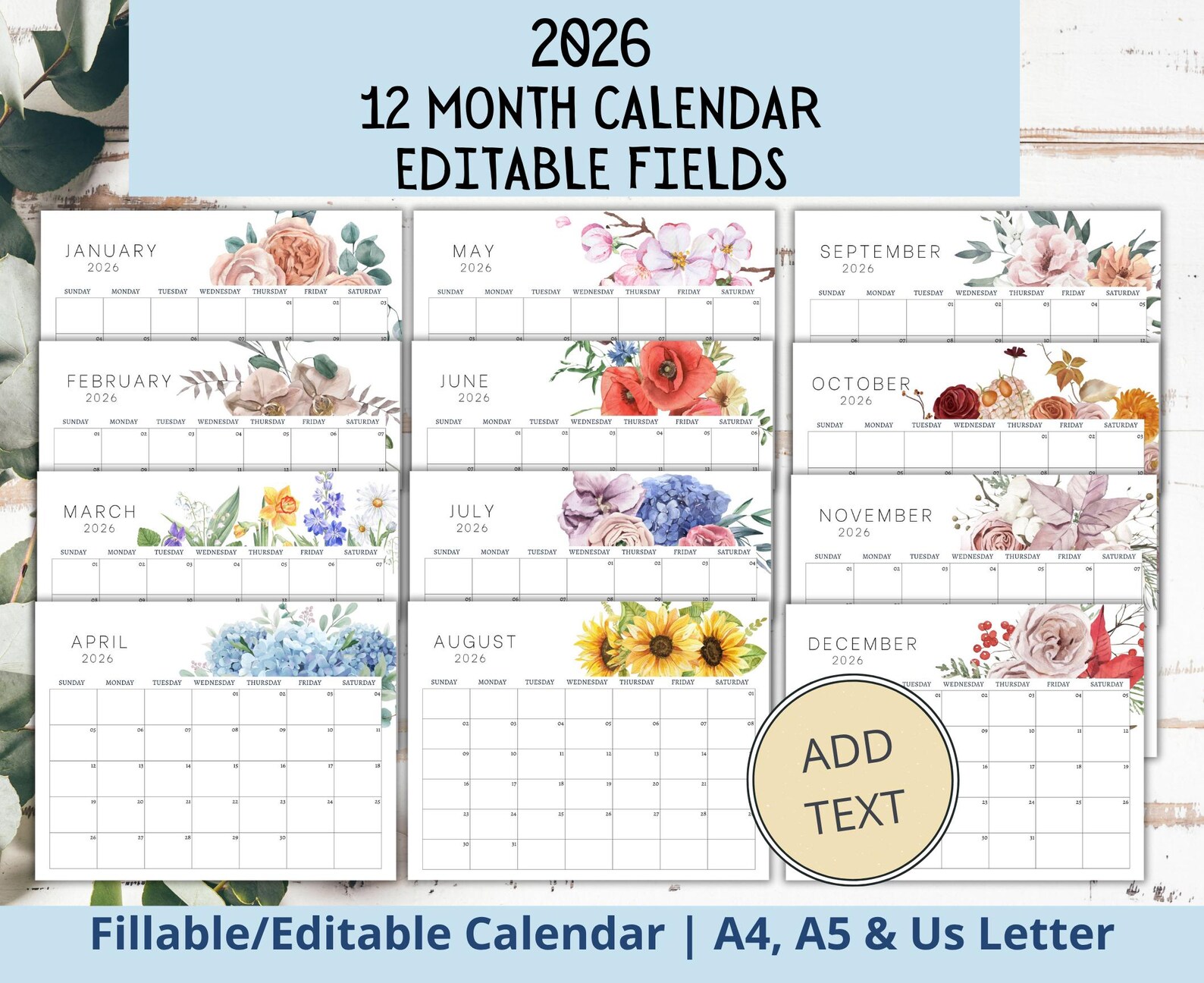 EDITABLE Floral Calendar 2026 Bundle, Editable PDF Calendar, Watercolor ...