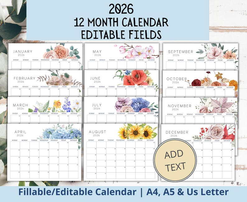 EDITABLE Floral Calendar 2026 Bundle, Editable PDF Calendar, Watercolor ...